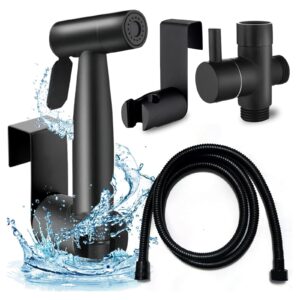 handheld bidet sprayer for toilet, stainless steel leak free t-valve & adjustable jet spray, feminine hygiene, shower sprayer for pet, wall or toilet mount superior complete accessories (black)