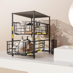 almaybe under sink organizers and storage, 2 tiers metal adjustable height pull out cabinet organizer, stackable for kitchen bathroom organizers and storage (black)