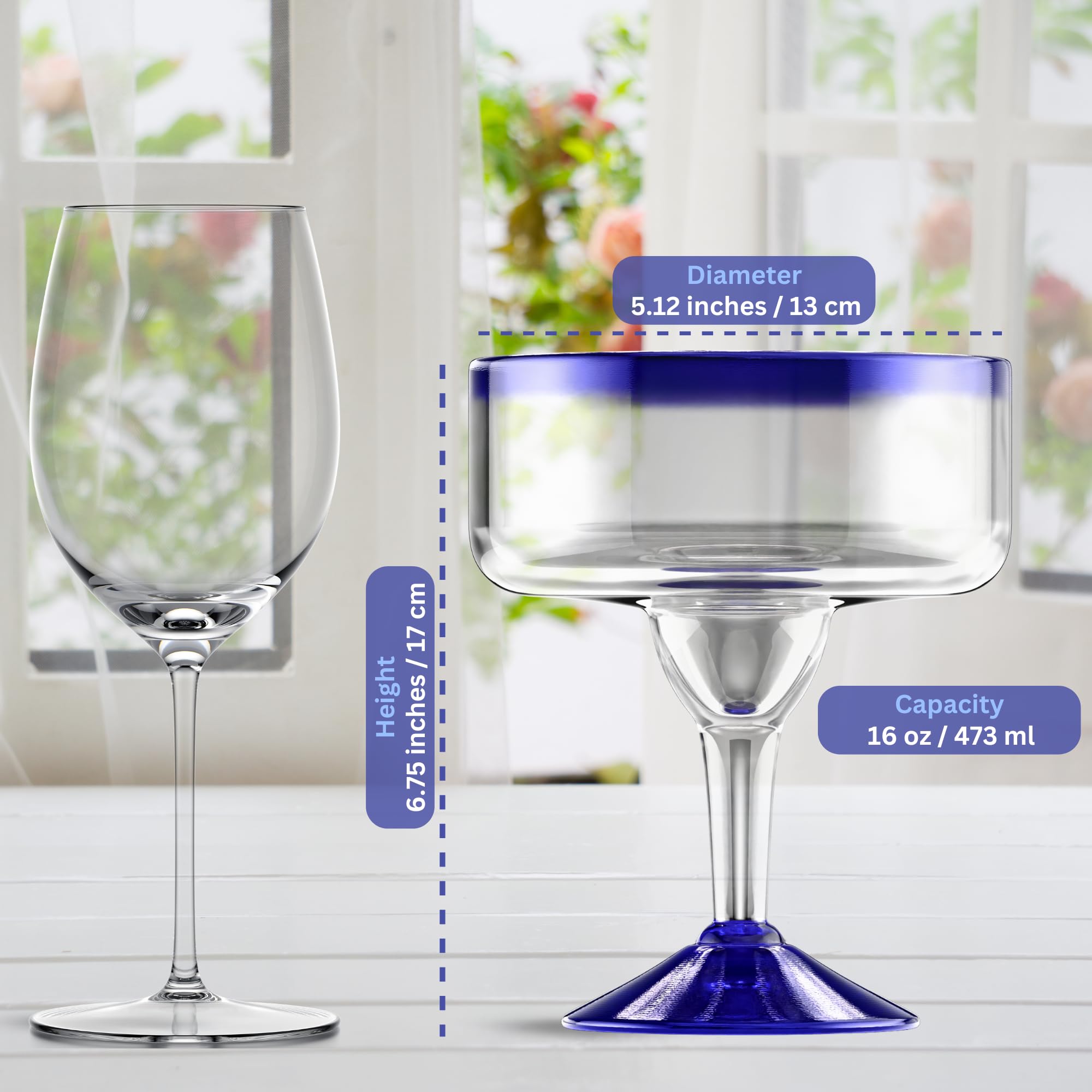 AGAVE'S GLASSWARE Margarita Glasses Set of 4 (16 oz) Gift Box – Cobalt Blue Rim Margarita Glass, Handmade, Mexican Glassware, Cocktail Glasses, Coupe Glasses (Cobalt Blue Rim).