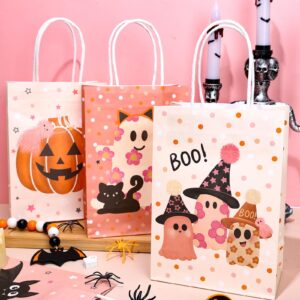 Whaline 24Pcs Pink Halloween Party Gift Bags with Handles Cute Ghost Boo Bat Evil Pumpkin Cat Paper Goodie Bags Candy Treat Bags for Birthday Wedding Baby Shower