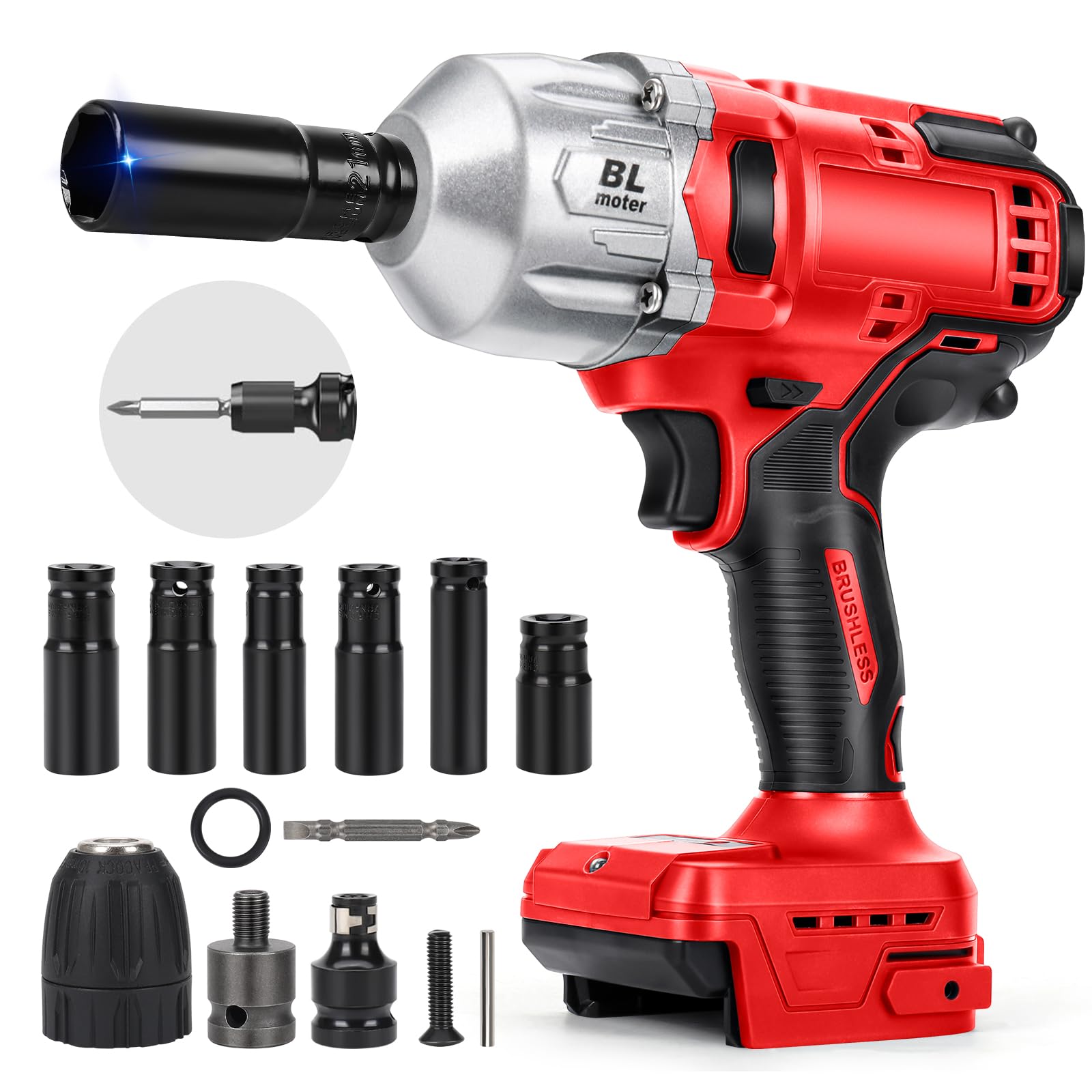 1000Nm Cordless Impact Wrench for Milwaukee M18 Battery, 1/2 inch Brushless High Torque Electric Impact Driver with 7 Sockets, 2400 RPM, 3300 IPM, LED Work Light, for Car Truck Home (No Battery)