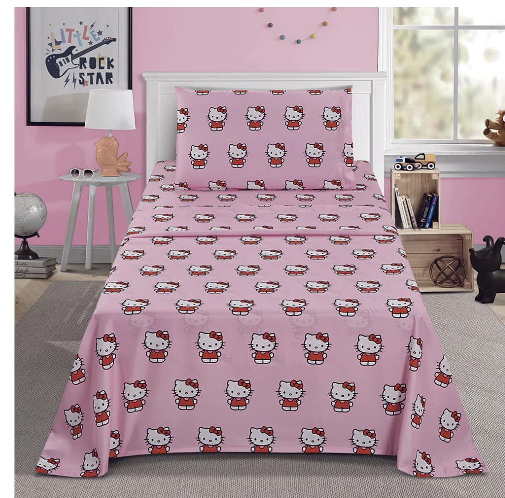 Jay Franco Twin Size Sheet Set 3 Pieces Kids Set (Hello Kitty Pink), Pink, Black, JF14545