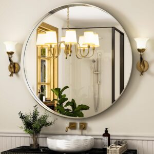 easly 32 inch sliver round bathroom mirror - wall mounted circle mirror with metal frame, modern mirror suitable for bathroom, vanity, entryway, living room, wall decor