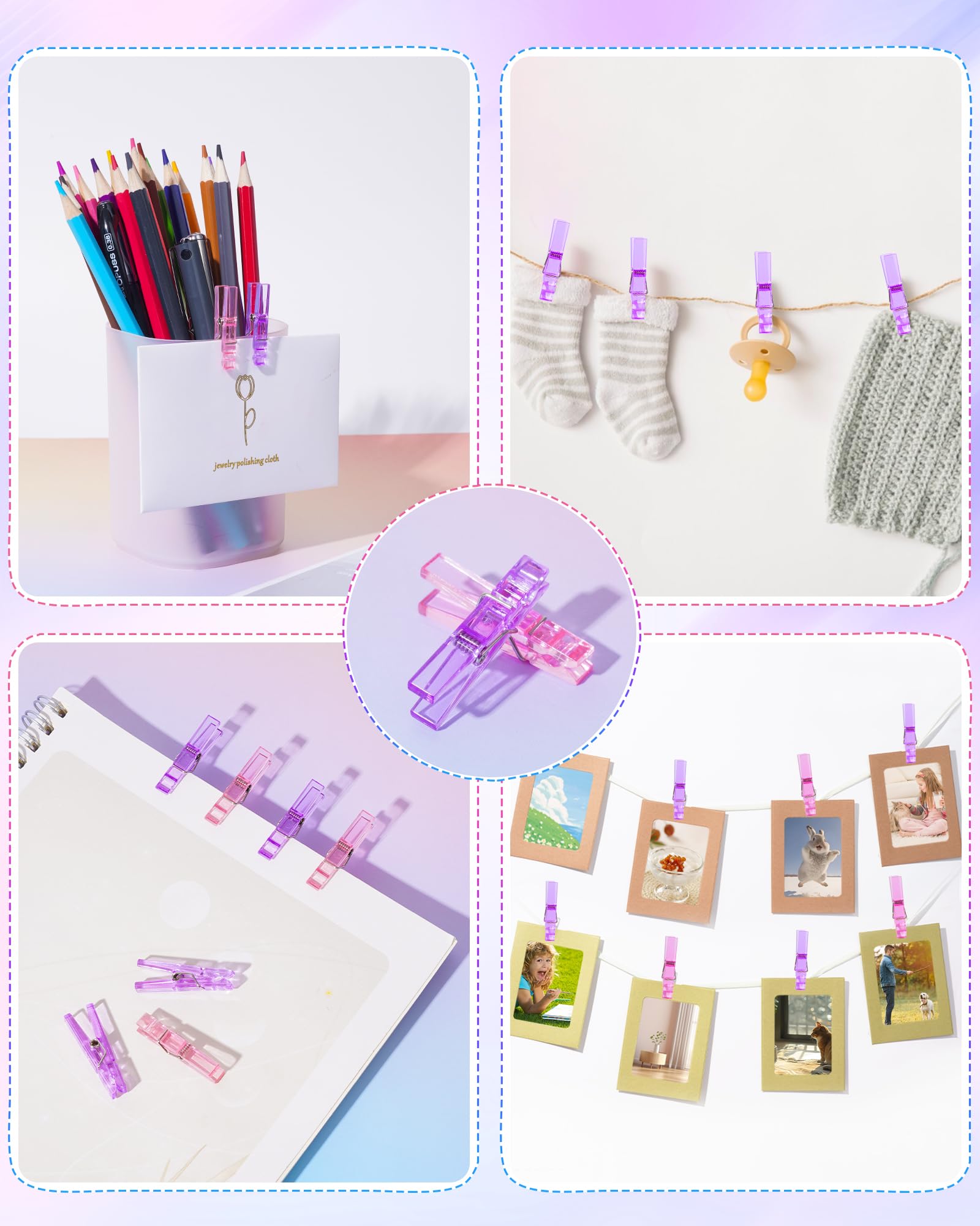 60PCS Purple Clothes Pins for Baby Shower Games Girl, Transparent Acrylic Clothes Pin Bulk, 1.4'' Mini Clothespins for Photos, DIY Crafts, Baby Shower Game Prop/Party Favors/Decorations