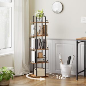 YATINEY Rotating Bookshelf, 5 Tier Spinning Bookcase Tower, 360 Display Narrow Bookshelf, Tall Industrial Corner Shelf Organizer, Storage Shelf Bookcase for Living Room, Rustic Brown and Black SJ02BR