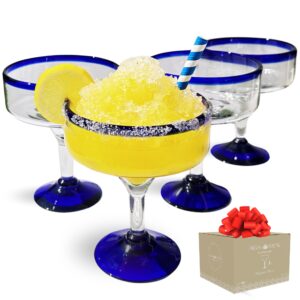 agave's glassware margarita glasses set of 4 (16 oz) gift box – cobalt blue rim margarita glass, handmade, mexican glassware, cocktail glasses, coupe glasses (cobalt blue rim).