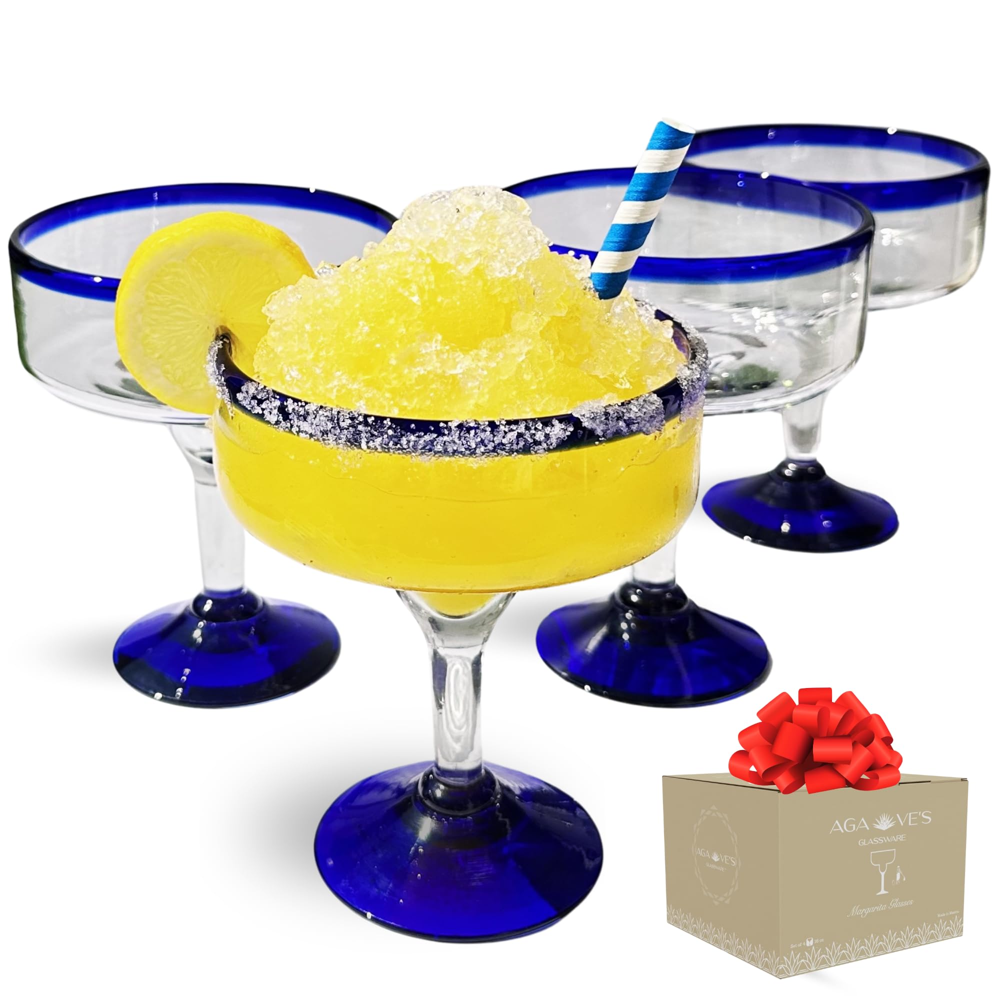 AGAVE'S GLASSWARE Margarita Glasses Set of 4 (16 oz) Gift Box – Cobalt Blue Rim Margarita Glass, Handmade, Mexican Glassware, Cocktail Glasses, Coupe Glasses (Cobalt Blue Rim).