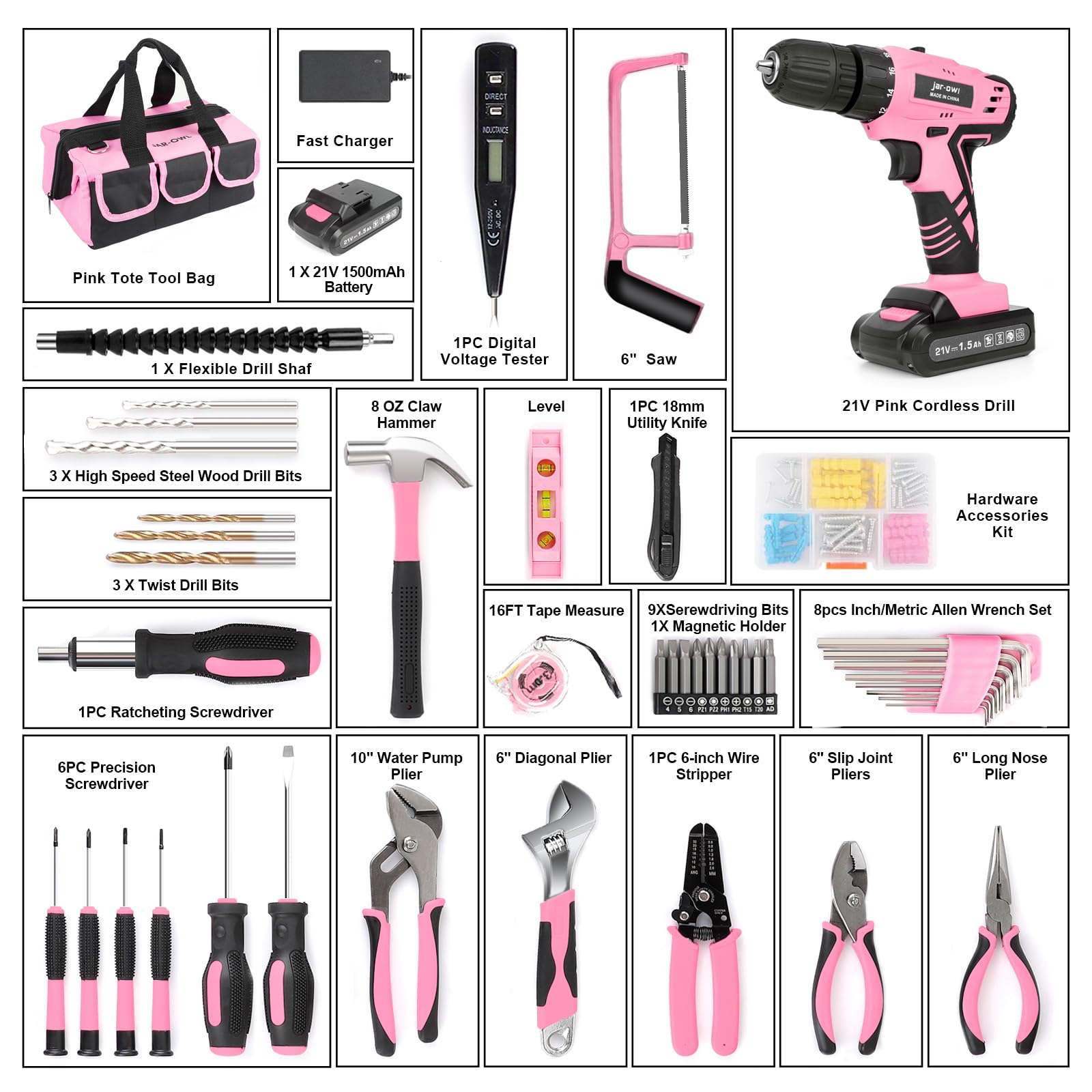 Pink 21V Cordless Drill Set for Women,Power Cordless Drill with Battery and Charger,Lightweight Complete Womens Tool Kit for House,Pink Tools Set with Electric Drill Driver for Home Office Repair