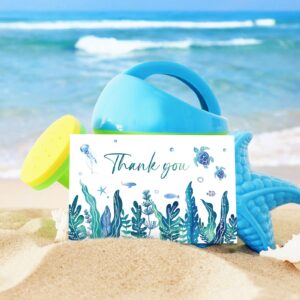 JarThenaAMCS 24 Set Under the Sea Thank You Cards with Envelopes and Stickers Blue Seaweed Sea Turtles Fish Greeting Cards for Birthday Wedding Baby Shower, 4 x 6 Inch