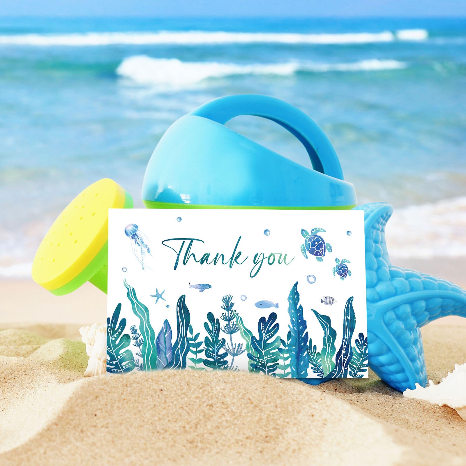 JarThenaAMCS 24 Set Under the Sea Thank You Cards with Envelopes and Stickers Blue Seaweed Sea Turtles Fish Greeting Cards for Birthday Wedding Baby Shower, 4 x 6 Inch