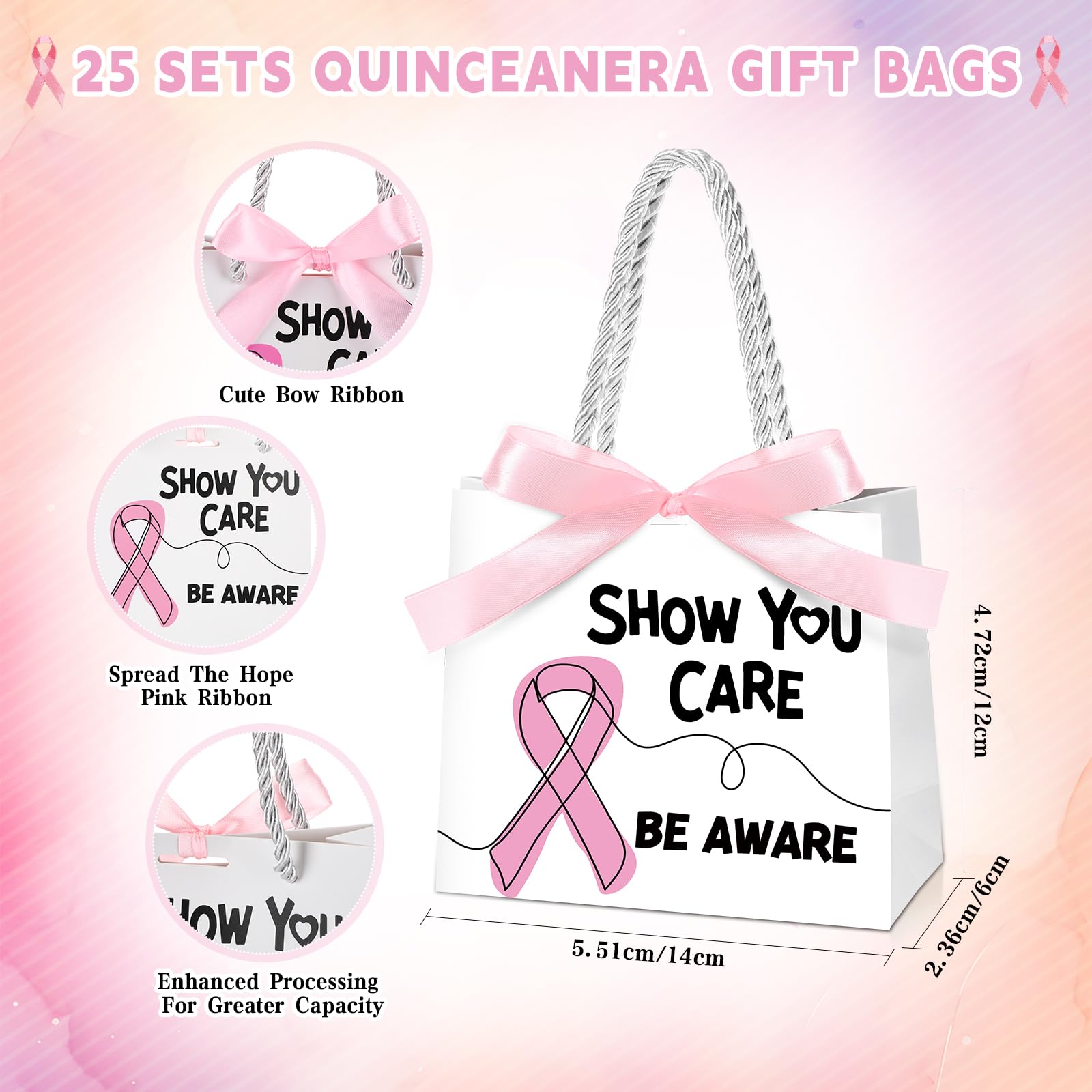 Weekgrat 25 Pack Small Pink Ribbon Bags with Handles Breast Cancer Awareness Paper Gift Bags and Bow Ribbon Show You Care Breast Cancer Bags Women Men Breast Cancer Fighter, 5.51 x 2.36 x 4.72 inch