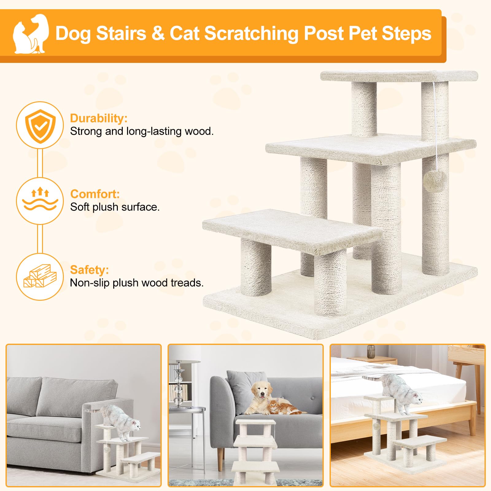 Dog Stairs, Cat Scratching Post 3 Steps Stairs for Cats and Dogs, Stable 20 inch Pet Stairs for High Beds & Sofas Protect Pet's Joints White