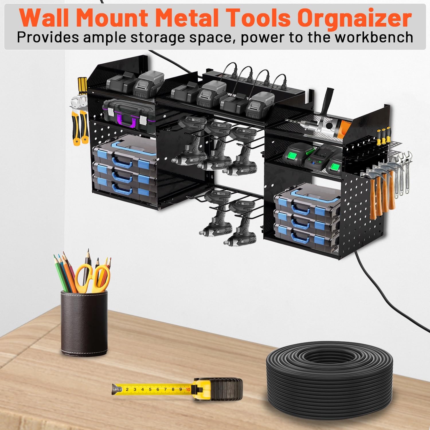 DIYTUNINGS Large Tools Organizer Wall Mount Charging Station,39 Inch Long Power Tool Battery Storage Rack with Screwdriver/Plier/Hammer Holder,Garage Utility Shelves Pegboard Hanging Extension Black