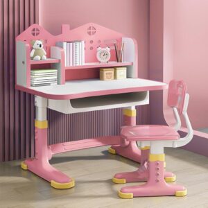 yifaeux Kids Functional Desk and Chair Set, Study Desk for Children with Chair, Kids Desk and Chair Set,Height Adjustable Children School Study Desk with Storage Drawer for Boys Girls Pink