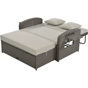 Merax Chaise Lounge Outdoor, Double PE Wicker Rattan Patio Reclining Chair, 2-Person Sunbed with 3 Adjustable Backrest & Free Furniture Protection Cover, Grey