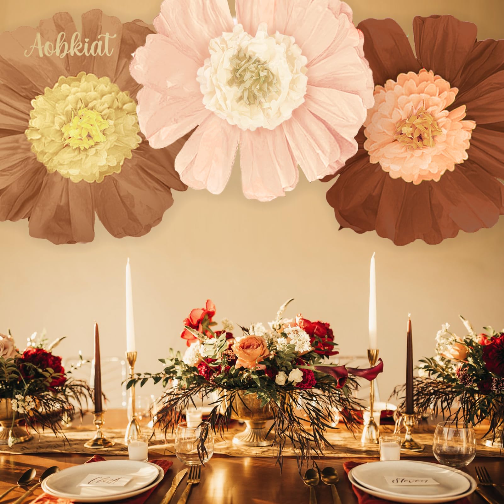 AOBKIAT Fall Baby Shower Decorations for Wall,6PCS Large Paper Flower for Thanksgiving Party,Red Brown Blush Tissue Paper Flowers for Boho Wedding Floral Backdrop,Bridal Shower,Birthday,Archway