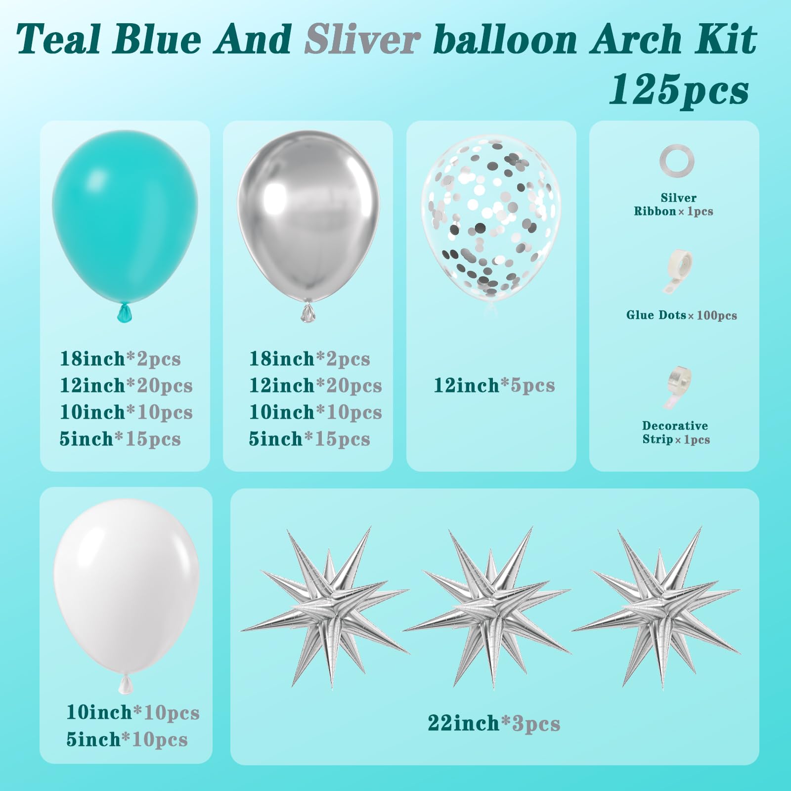 125pcs Teal Silver White Balloon Garland Arch Kit, White Metallic Silver Teal Balloons for Wedding Engagement Anniversary Bridal Shower Baby Shower Birthday Party Decorations