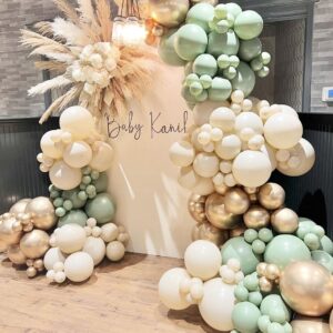 Sage Green Balloons Arch Kit-184pcs Sage Green Sand White and Chrome Gold Balloons Garland Kit for Birthday Baby Shower Bridal Shower Jungle Safari Engagement Party Decorations