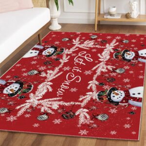 artoid mode red snowman let it snow ball christmas area rug, xmas winter home decor low-profile washable area rugs for entryway bedroom living room laundry room indoor 5x7 feet