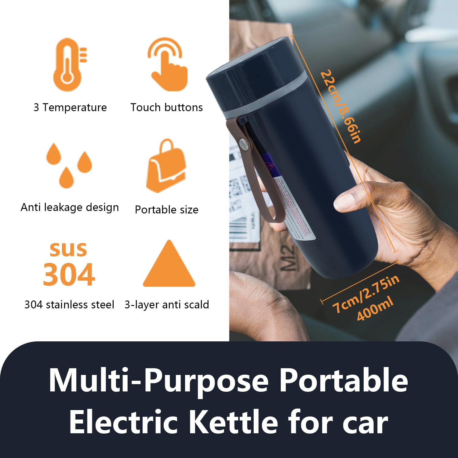 Car Electric Travel Kettle,12V 24V 80W 350ML,LED Touch Control,45°C 60°C 80°C 100°C,304 Stainless Food Grade Steel Liner Car Portable Bottle