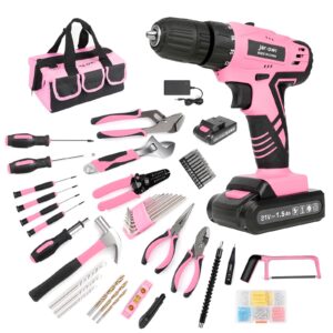 pink 21v cordless drill set for women,power cordless drill with battery and charger,lightweight complete womens tool kit for house,pink tools set with electric drill driver for home office repair