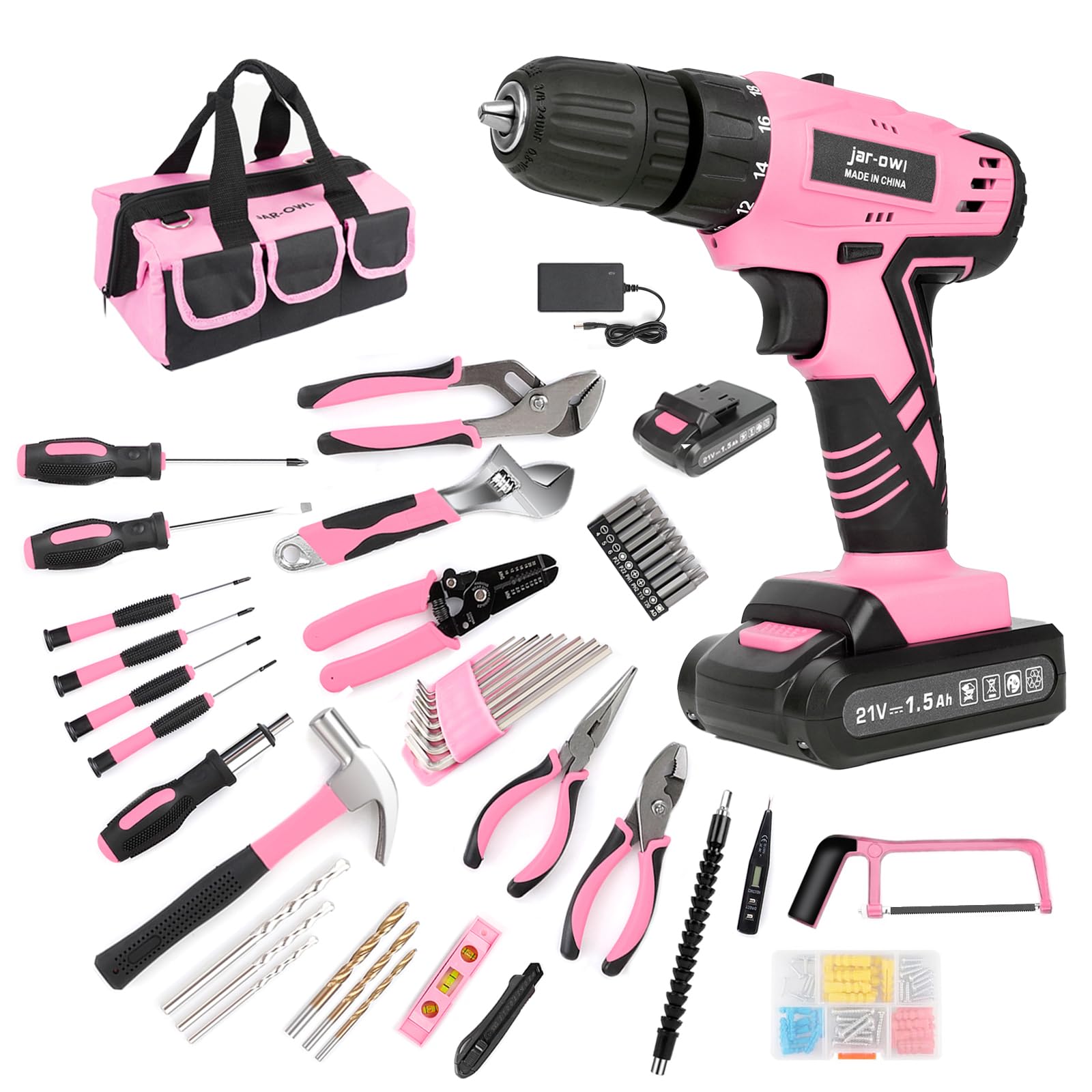 Pink 21V Cordless Drill Set for Women,Power Cordless Drill with Battery and Charger,Lightweight Complete Womens Tool Kit for House,Pink Tools Set with Electric Drill Driver for Home Office Repair