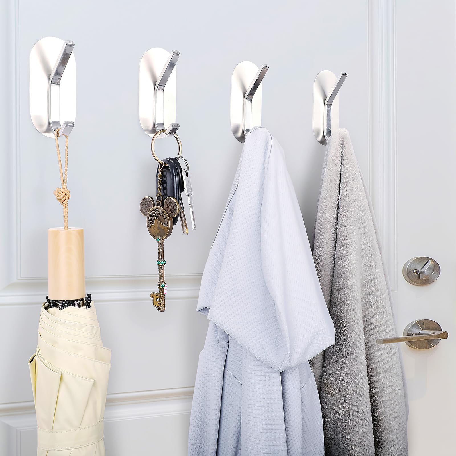 Towel Hook Adhesive Hooks, 4 Pack Towel Racks for Bathroom Stainless Steel 3.15 inch Wall Hooks Hanger Towel Holder Heavy Duty Robe Coat Hook for Towel, Coat, Robe, Cloth, Hat (Silver)