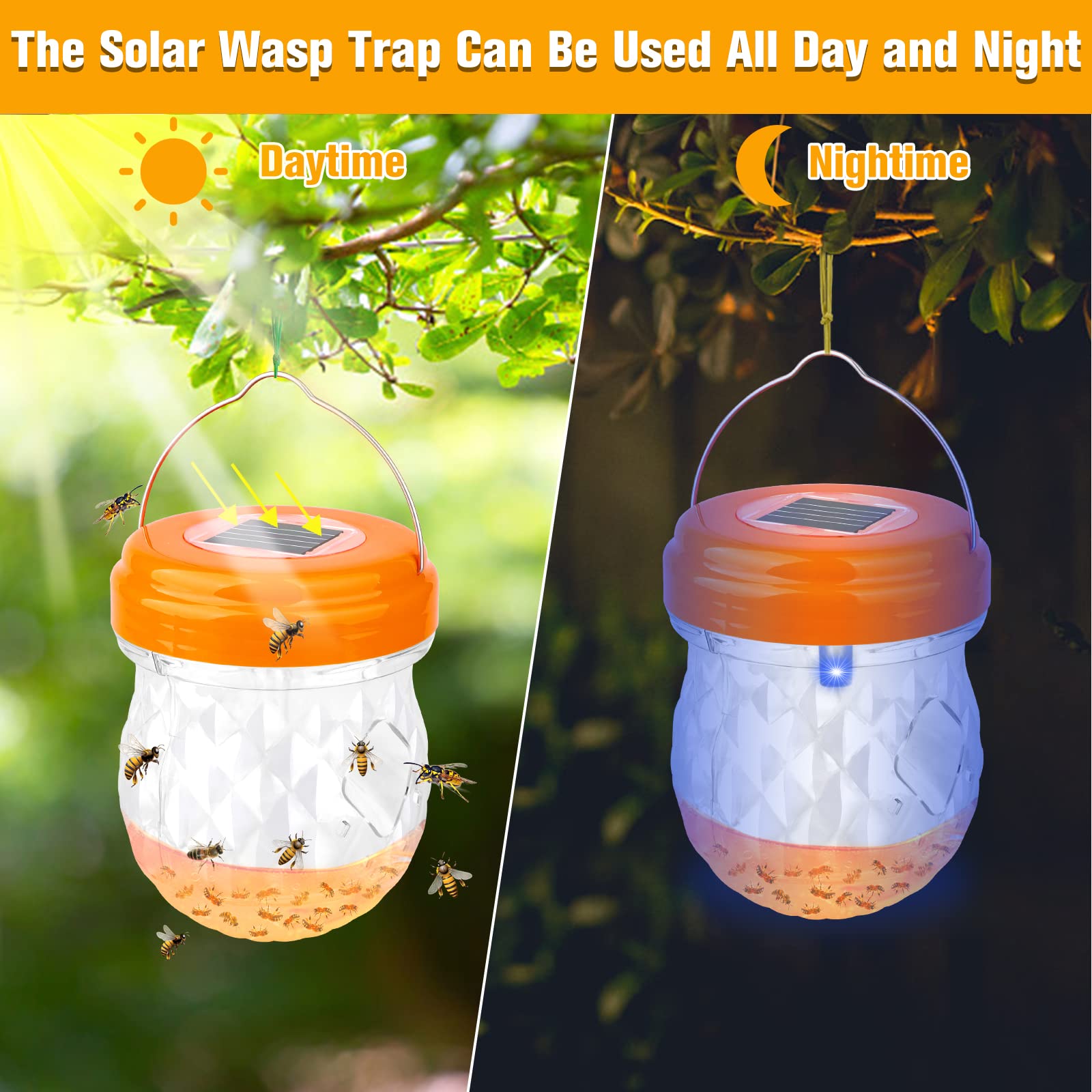 Wasp Traps Outdoor Hanging, Yellow Jacket Wasp Catcher for Trapping Hornet, Non-Toxic Reusable Wasp Catcher for Outdoors Trapping Wasp, Wasp Trap Solar Power Outdoor with LED Light,2P-Orange