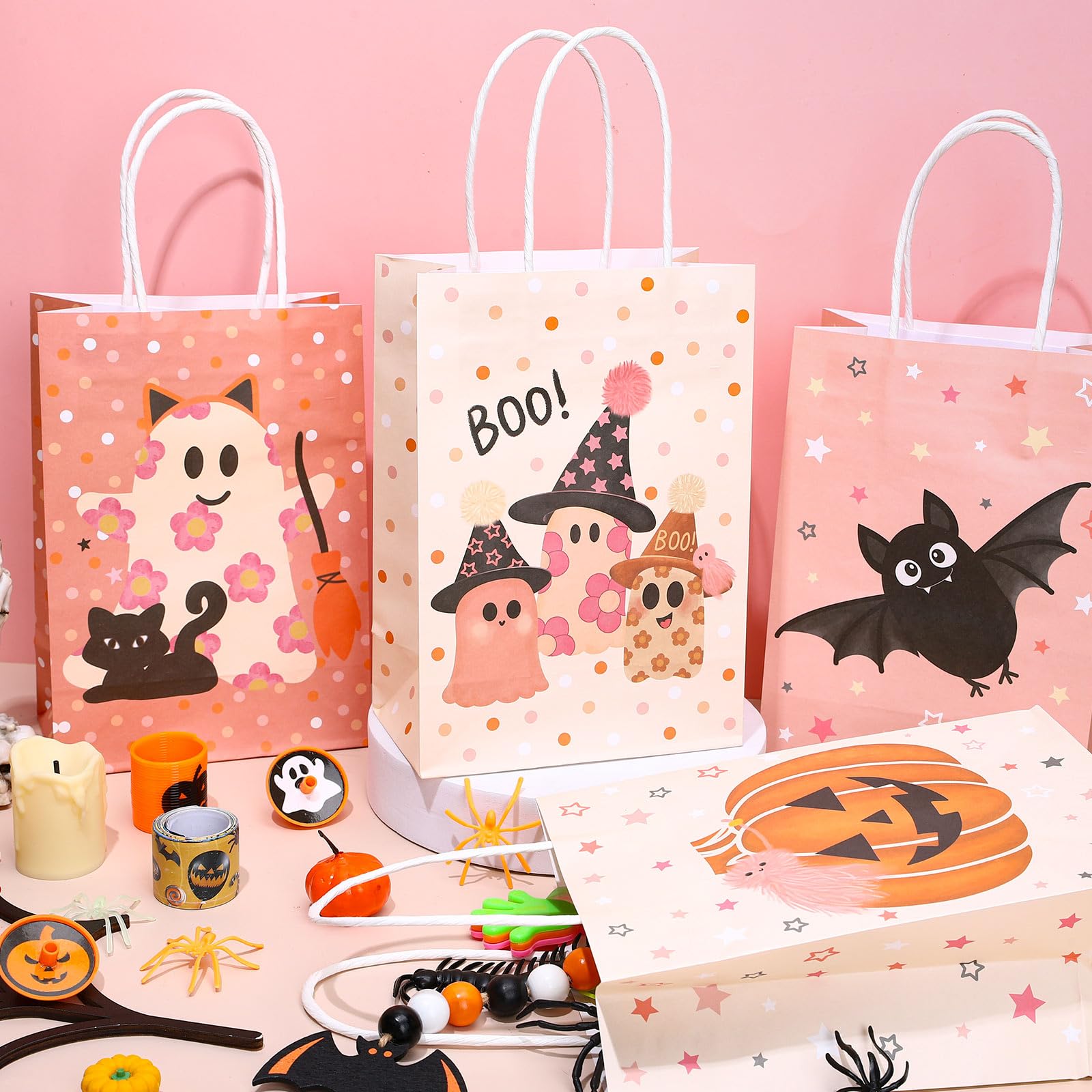 Whaline 24Pcs Pink Halloween Party Gift Bags with Handles Cute Ghost Boo Bat Evil Pumpkin Cat Paper Goodie Bags Candy Treat Bags for Birthday Wedding Baby Shower