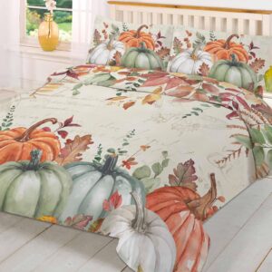 Boanket 3 Pieces Bedding Set California King Size, Green Orange White Fall Soft Duvet Cover Set Comforter Cover Set with Zipper Closure&Corner Ties All-Season Bedding Set Pumpkins Leaf Thanksgiving