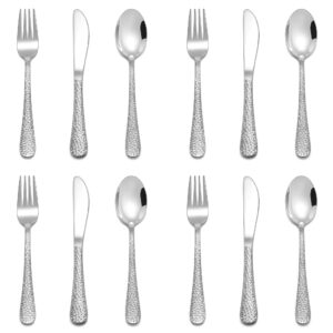 e-far 12-piece toddler silverware, stainless steel kids preschooler utensils with adult look, hammered flatware includes 4 forks 4 spoons 4 knives, safe for self feeding, non-toxic & dishwasher safe