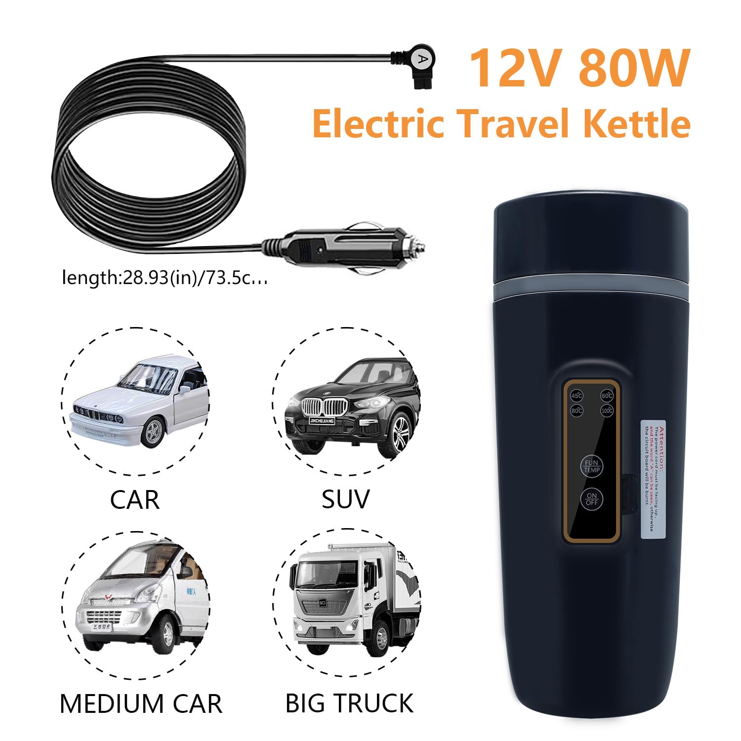 Car Electric Travel Kettle,12V 24V 80W 350ML,LED Touch Control,45°C 60°C 80°C 100°C,304 Stainless Food Grade Steel Liner Car Portable Bottle