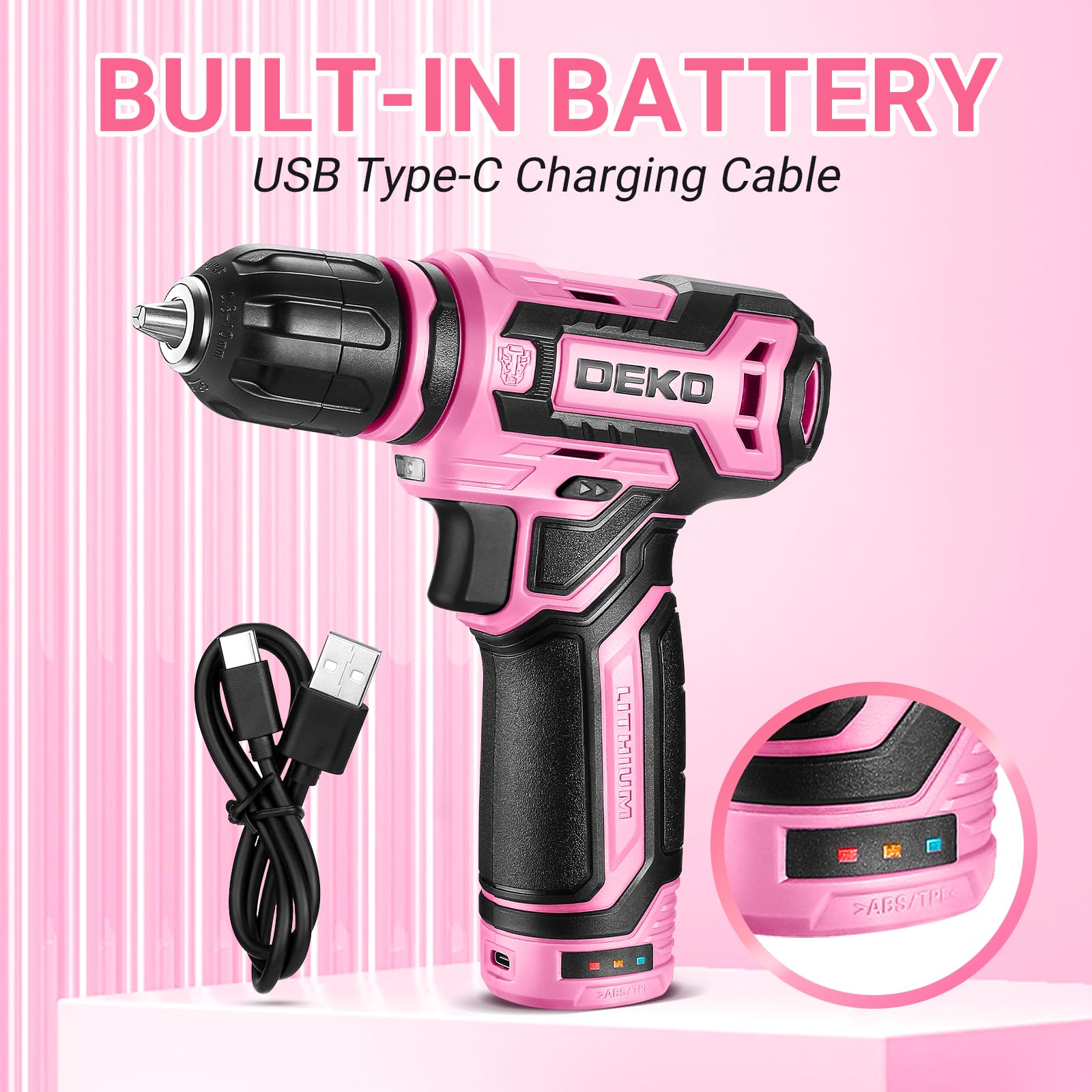 Cordless Drill：DEKOPRO 12V Power Drill Set with Pink Electric Drill with Tool Set Gift Box, Pink Drill Set for Women