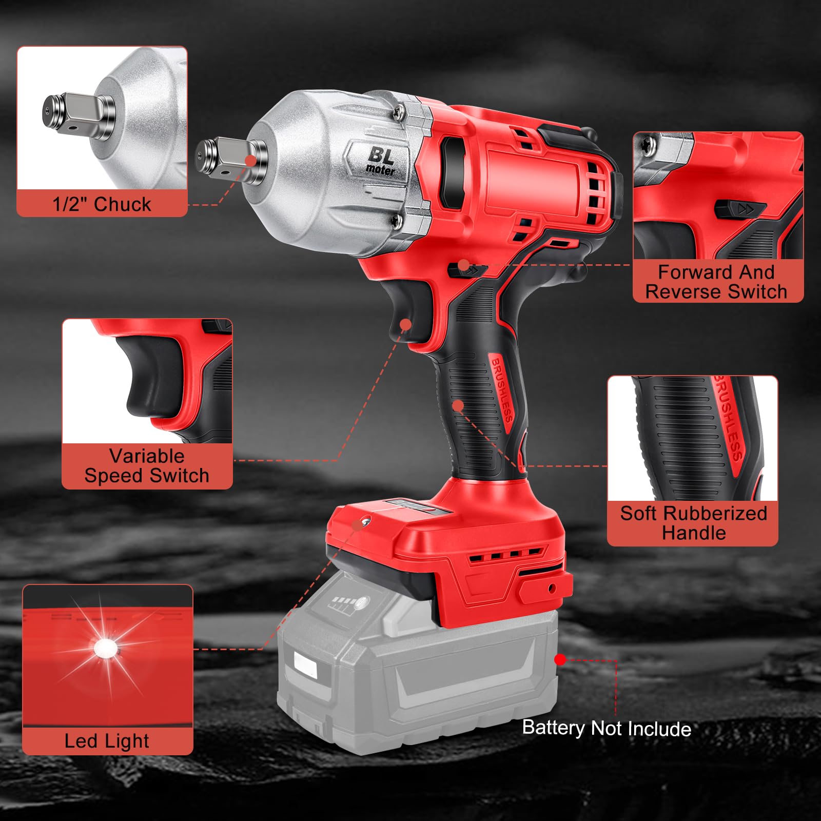 1000Nm Cordless Impact Wrench for Milwaukee M18 Battery, 1/2 inch Brushless High Torque Electric Impact Driver with 7 Sockets, 2400 RPM, 3300 IPM, LED Work Light, for Car Truck Home (No Battery)