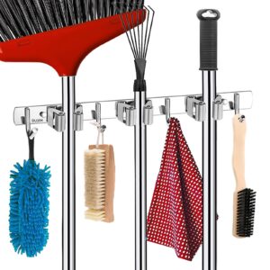 zilvoran mop and broom holder wall mount, stainless steel mop holder with hooks, brooms and mops tool organizer for closet laundry utility room garage (3 racks & 4 hooks)