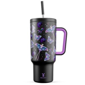 meoky 40 oz glow in the dark tumbler with handle and straw, tumbler with lid and straw, insulated stainless steel travel mug, 100% leak-proof, keeps cold for 34 hours (butterfly)