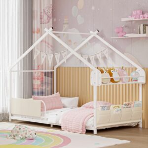 timy house bed twin size montessori house bed metal floor bed with storage rack and caddy twin bed frame for kids no box spring needed white