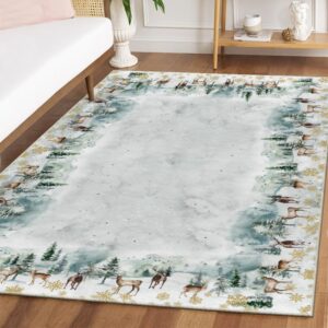 artoid mode deer snowflakes pine tree christmas area rug, xmas winter home decor low-profile washable area rugs for entryway bedroom living room laundry room indoor 5x7 feet