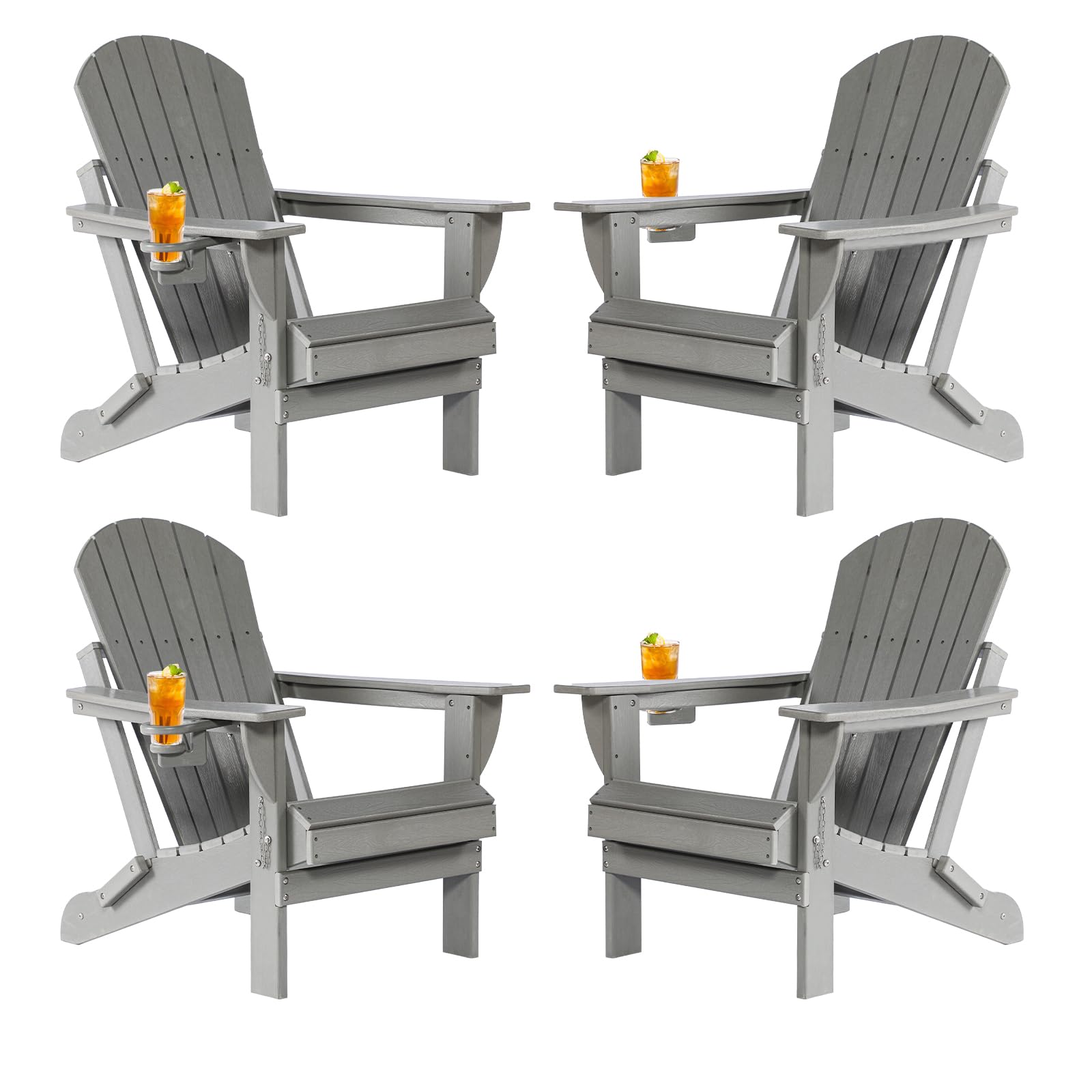 Withniture HDPE Folding Adirondack Chair Set of 4,All Weather Resistant Adirondack Chair with Cup Holder, Patio Chair Wood Texture Fire Pit Chairs for Outdoor Patio Lawn Garden, Grey