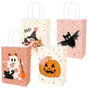 whaline 24pcs pink halloween party gift bags with handles cute ghost boo bat evil pumpkin cat paper goodie bags candy treat bags for birthday wedding baby shower