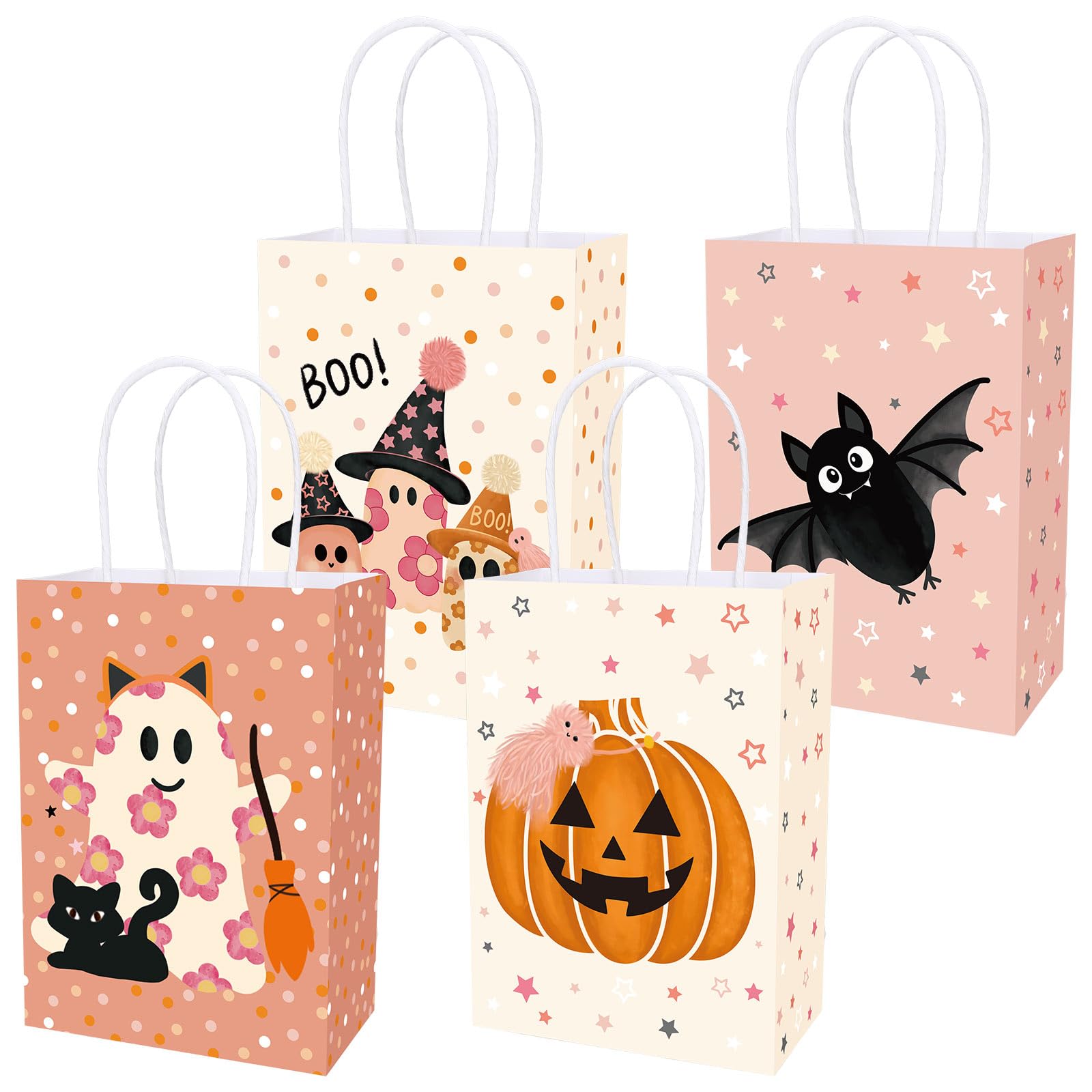 Whaline 24Pcs Pink Halloween Party Gift Bags with Handles Cute Ghost Boo Bat Evil Pumpkin Cat Paper Goodie Bags Candy Treat Bags for Birthday Wedding Baby Shower