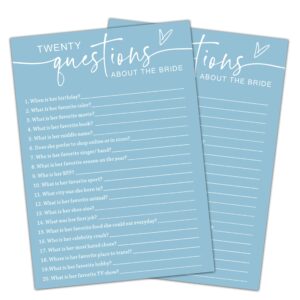 cazhes minimalist bridal shower games, 30 light blue 20 questions about the bride cards, wedding bachelorette engagement party supplies favors - a07