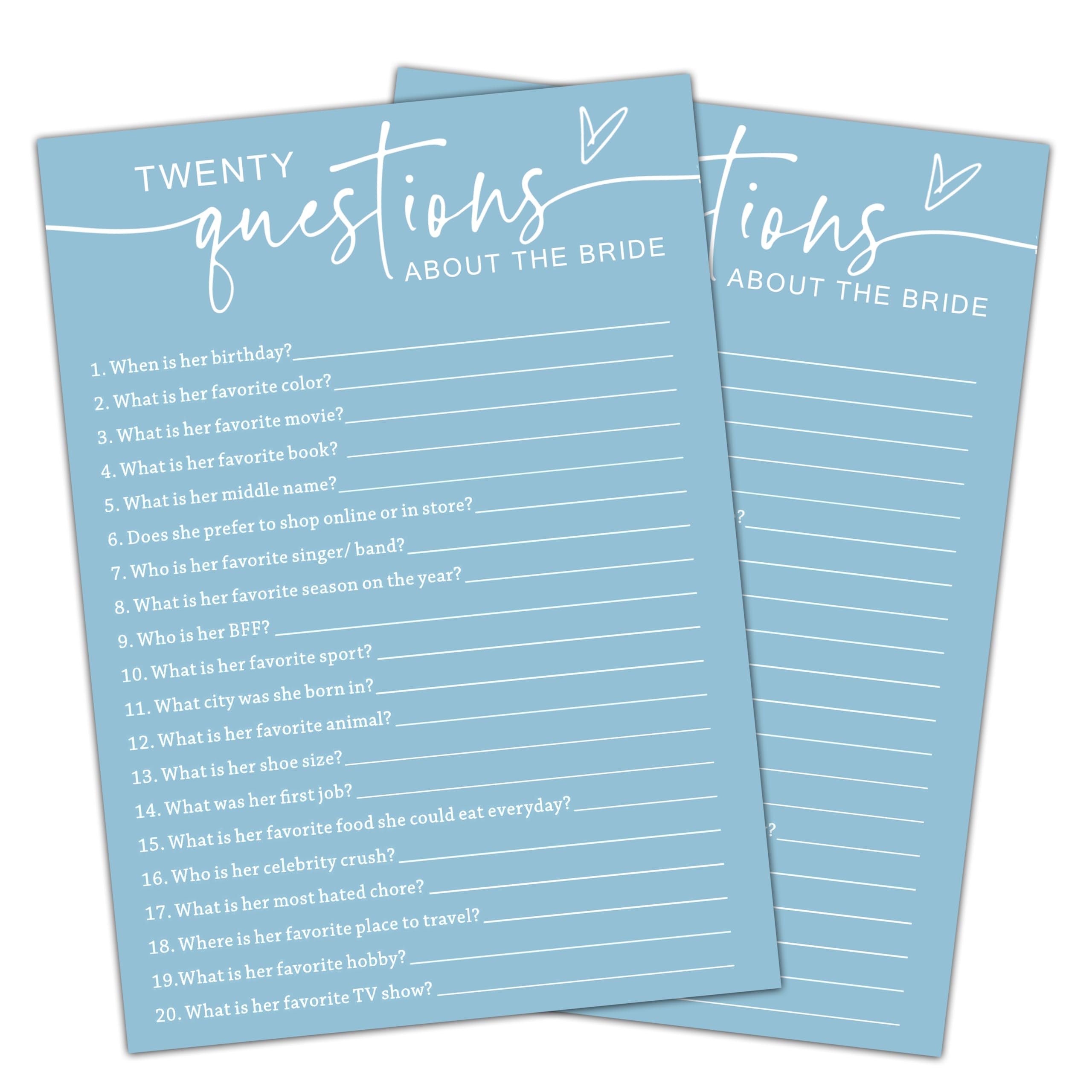 Cazhes Minimalist Bridal Shower Games, 30 Light Blue 20 Questions About The Bride Cards, Wedding Bachelorette Engagement Party Supplies Favors - A07