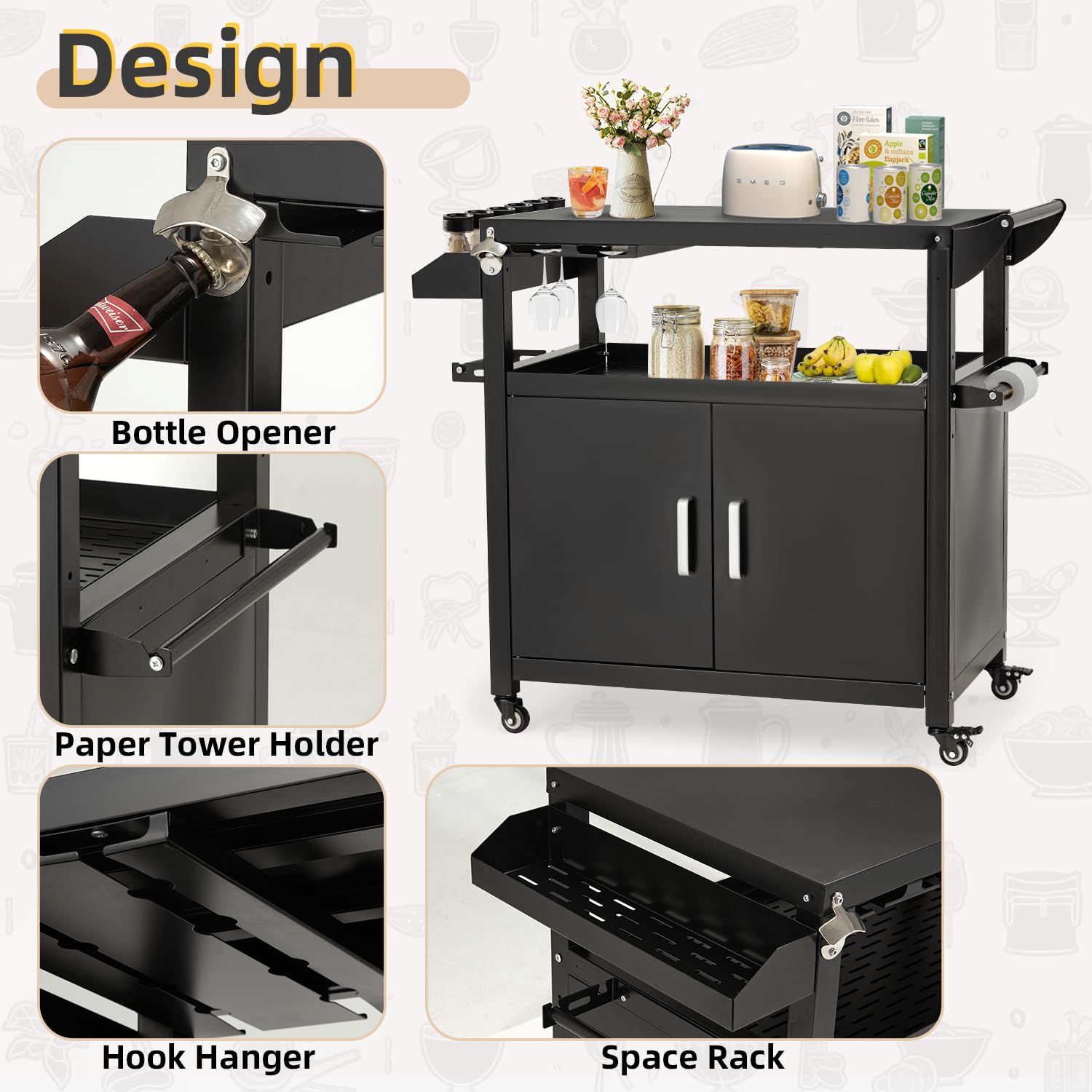 JFHID Outdoor Grill Cart Kitchen Storage Cabinets Island with Wheels Buffet Prep Tables for Outside Steel BBQ Bar Carts for Patio Serving Tables Cooking Station Countertops for Grilling Supplies