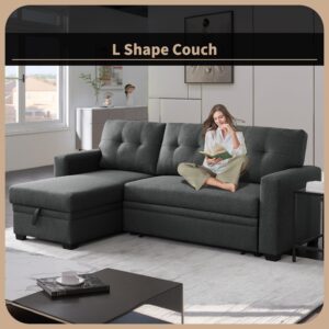 HHOK 4-in-1 Pull Out Modular Sectional Sofa Bed for Living Room Furniture Sets, L Shaped Convertible Comfy Couch with Reversible Storage Chaise Upholstered for Apartment, Studio, Office-Dark Gray