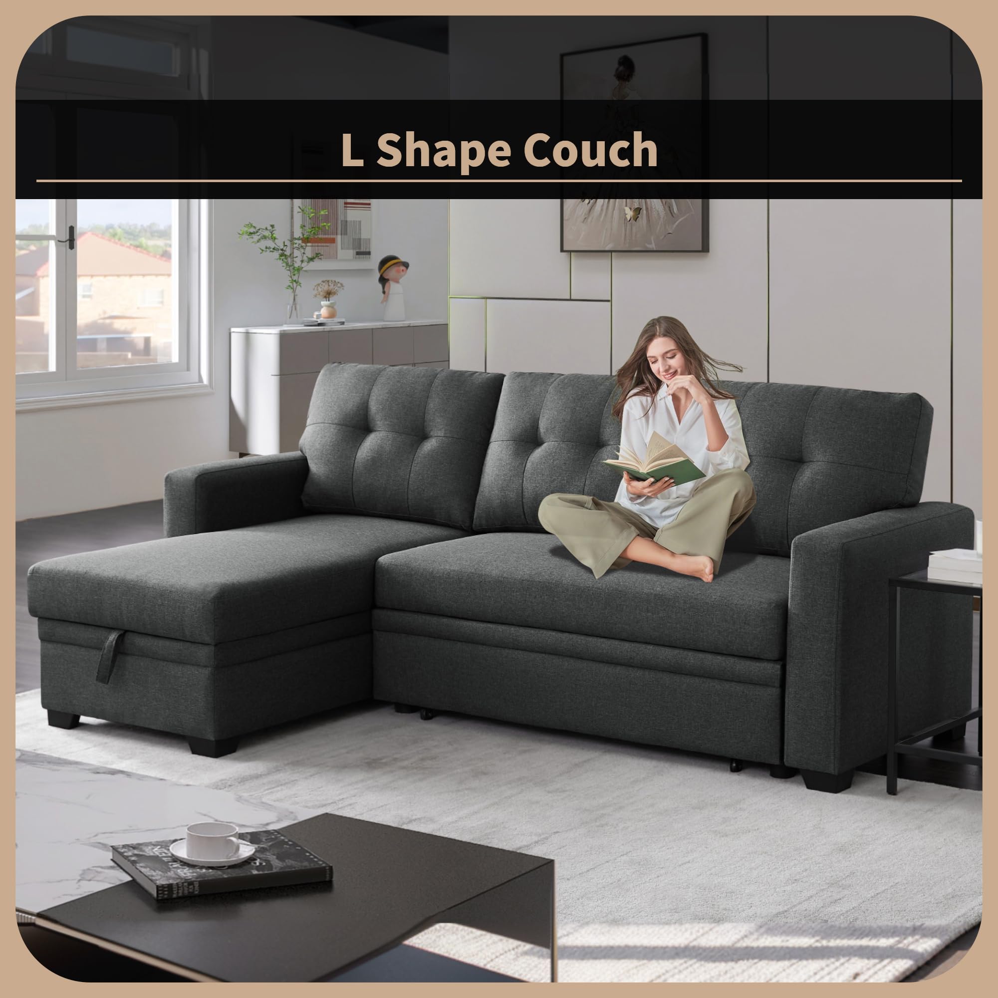 HHOK 4-in-1 Pull Out Modular Sectional Sofa Bed for Living Room Furniture Sets, L Shaped Convertible Comfy Couch with Reversible Storage Chaise Upholstered for Apartment, Studio, Office-Dark Gray