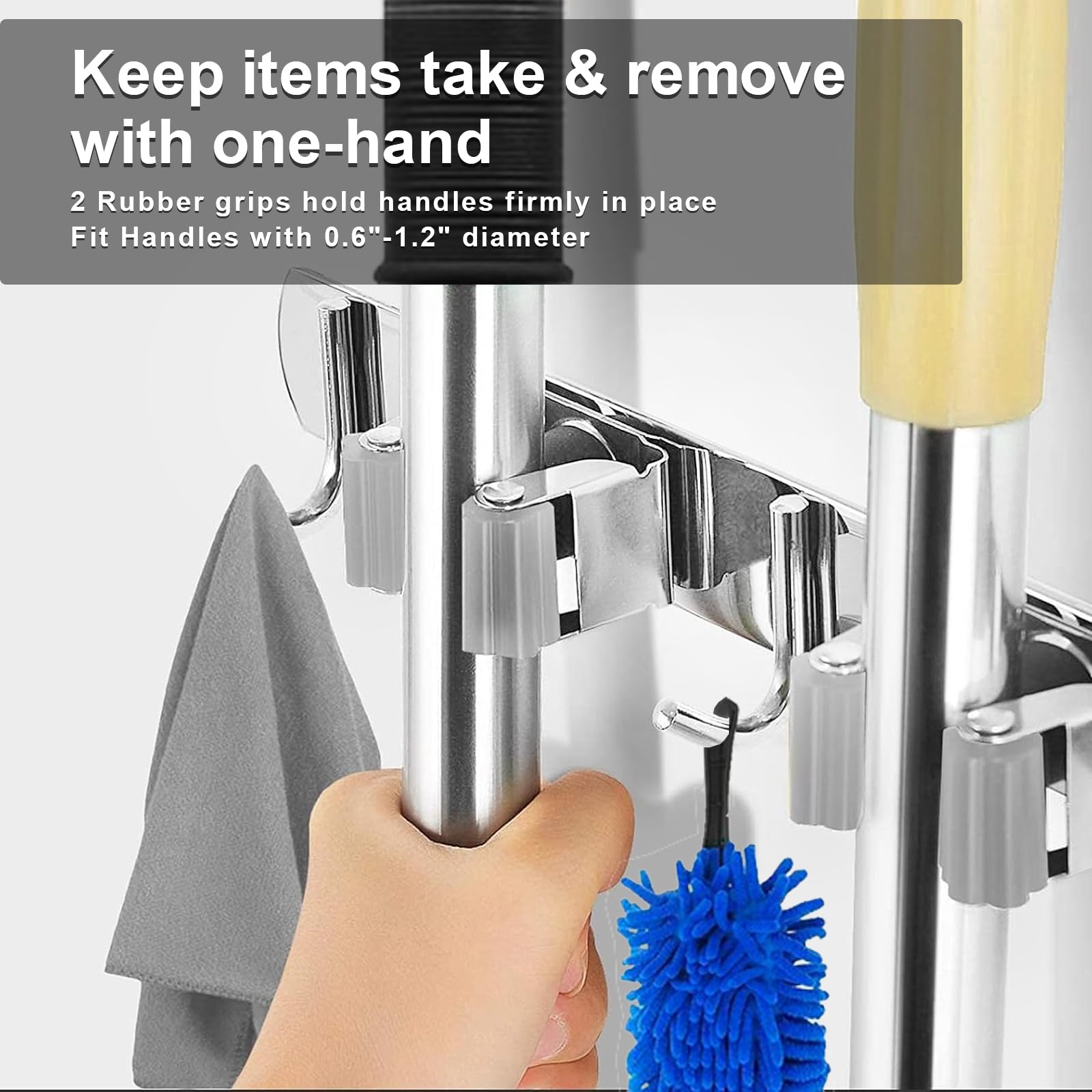 Zilvoran Mop And Broom Holder Wall Mount, Stainless Steel Mop Holder With Hooks, Brooms And Mops Tool Organizer For Closet Laundry Utility Room Garage (3 Racks & 4 Hooks)