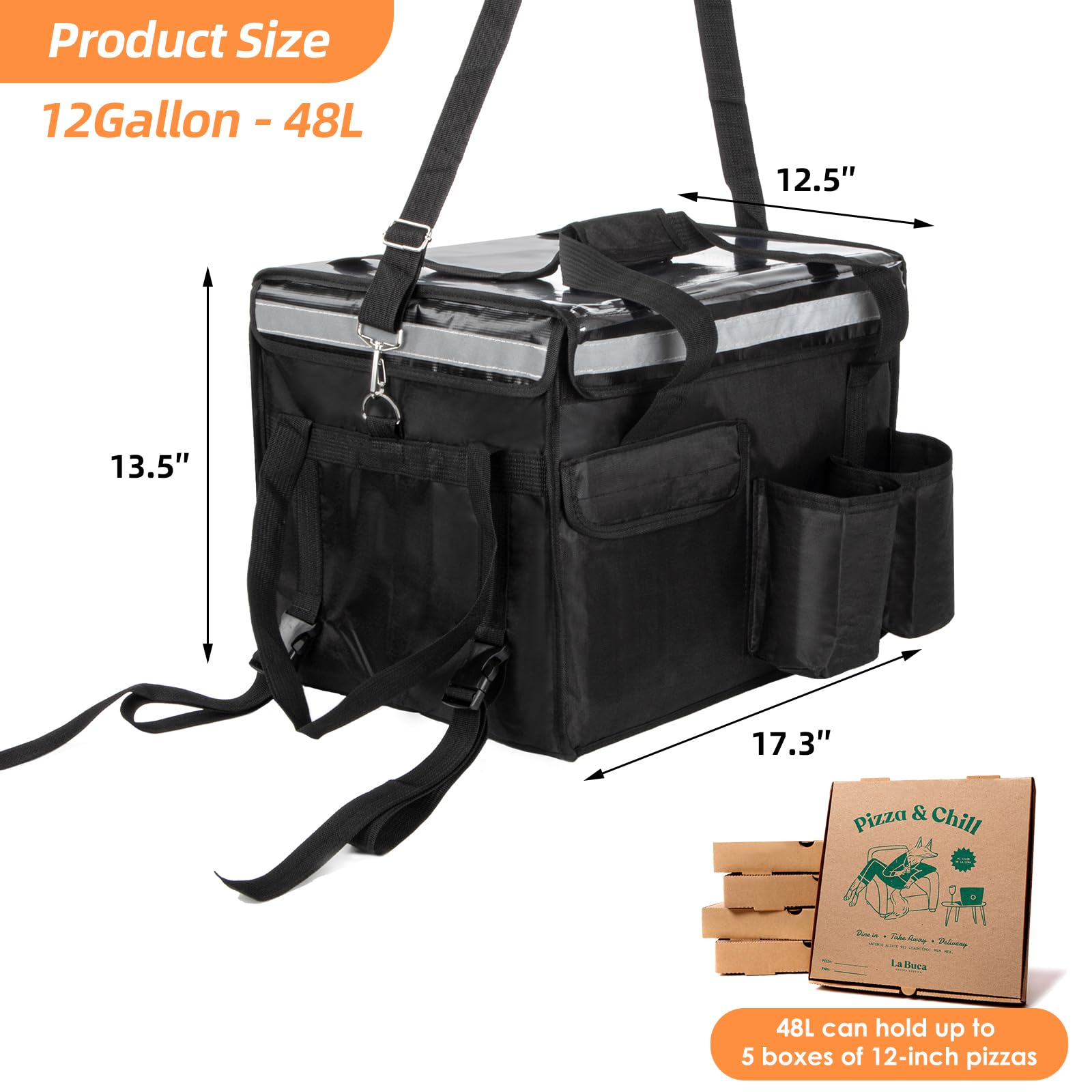 Insulated Bags for Food Delivery with Cup Holder 17.3" x 13.5" x 12.5", Support Frame & Hard Bottom Plate, Waterproof Commercial Insulated Food Delivery Bag Drink Carriers for Doordash w/Divider