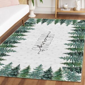 artoid mode green pine tree merry christmas area rug, xmas winter home decor low-profile washable area rugs for entryway bedroom living room laundry room indoor 5x7 feet