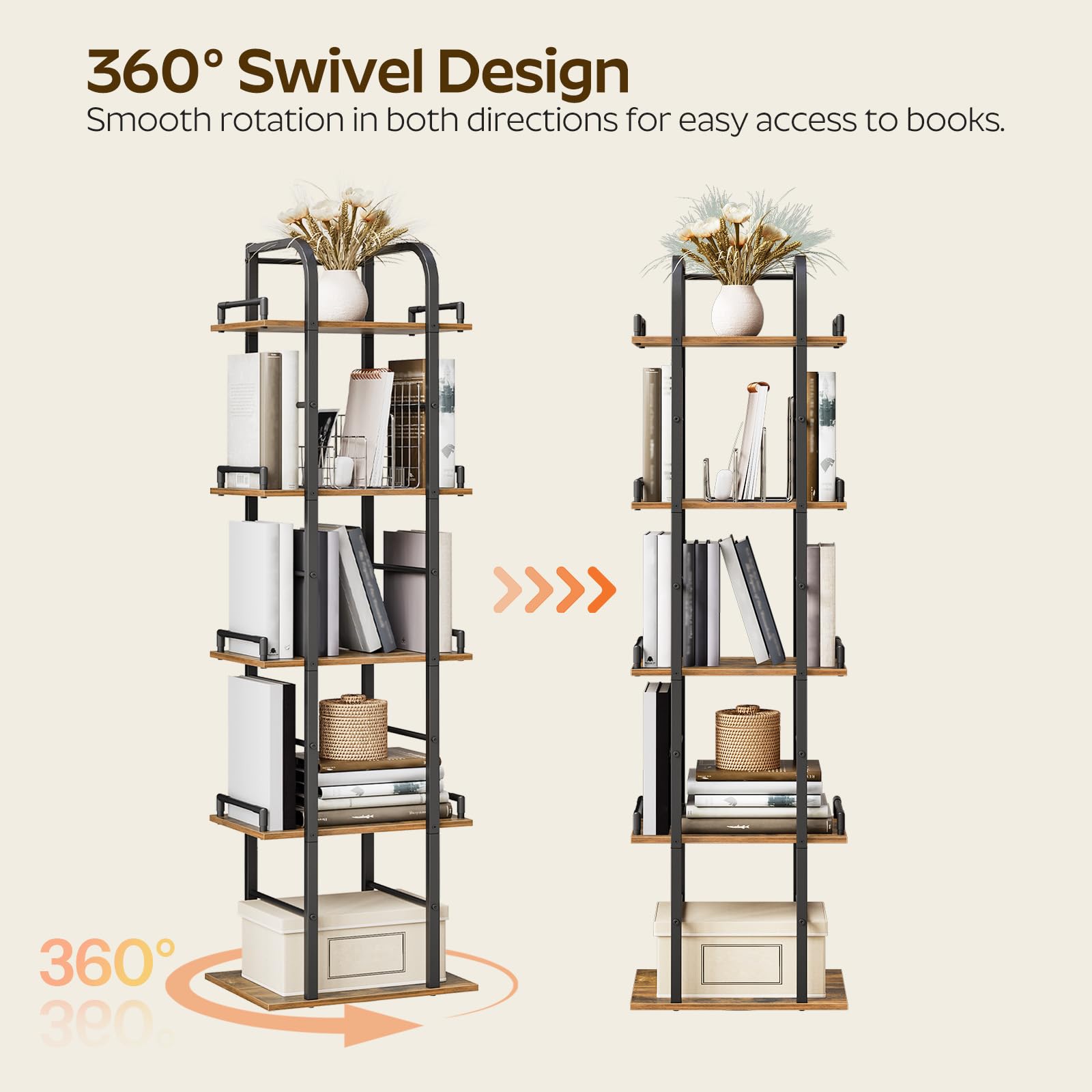 YATINEY Rotating Bookshelf, 5 Tier Spinning Bookcase Tower, 360 Display Narrow Bookshelf, Tall Industrial Corner Shelf Organizer, Storage Shelf Bookcase for Living Room, Rustic Brown and Black SJ02BR